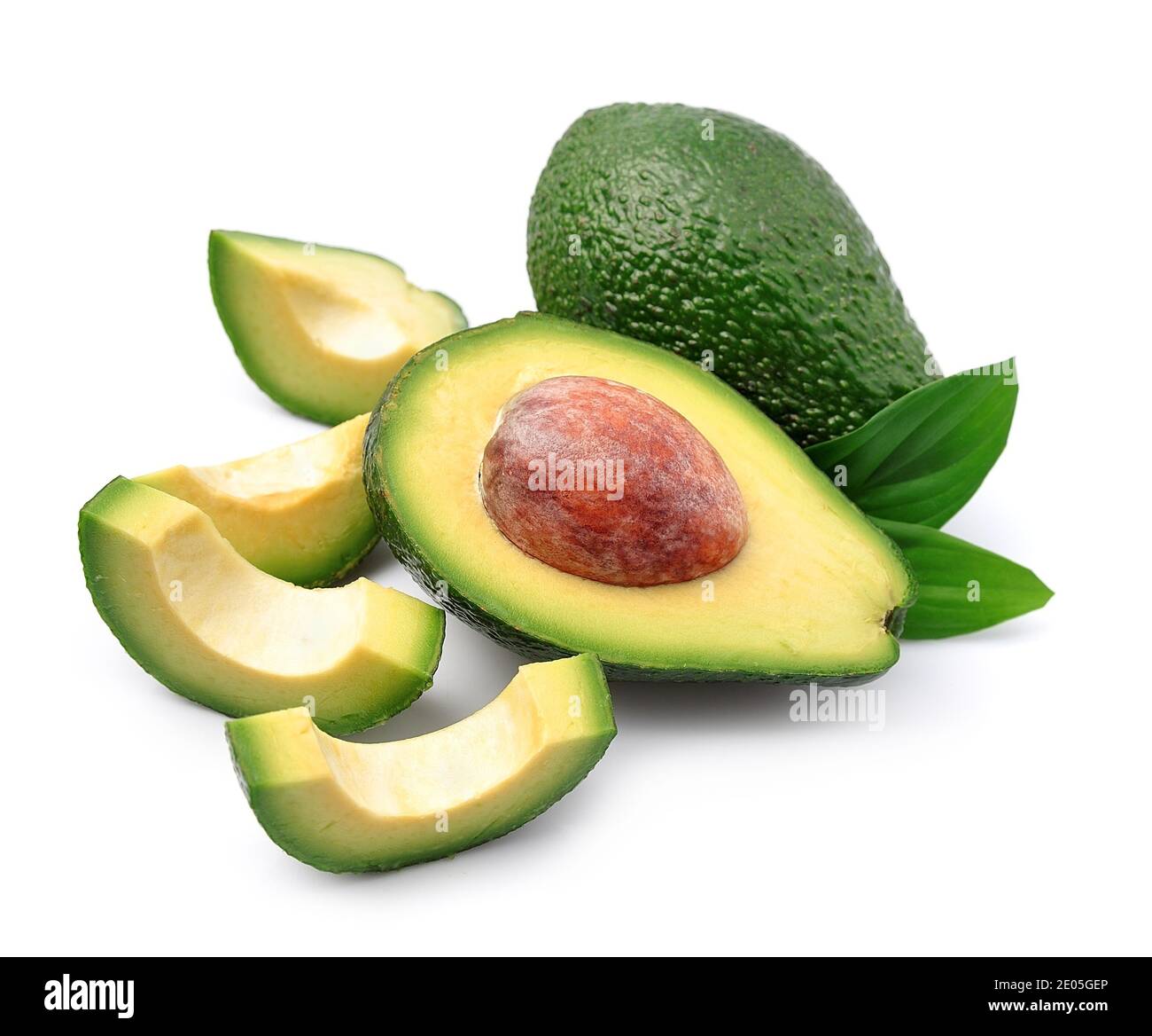 Ripe avocad with leaves close up on white Stock Photo - Alamy
