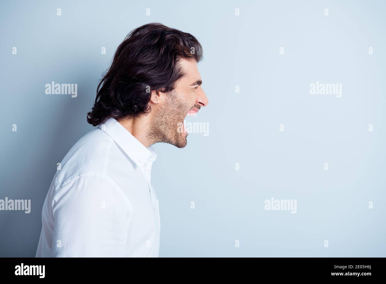 Photo portrait profile of angry man screaming at blank space isolated ...