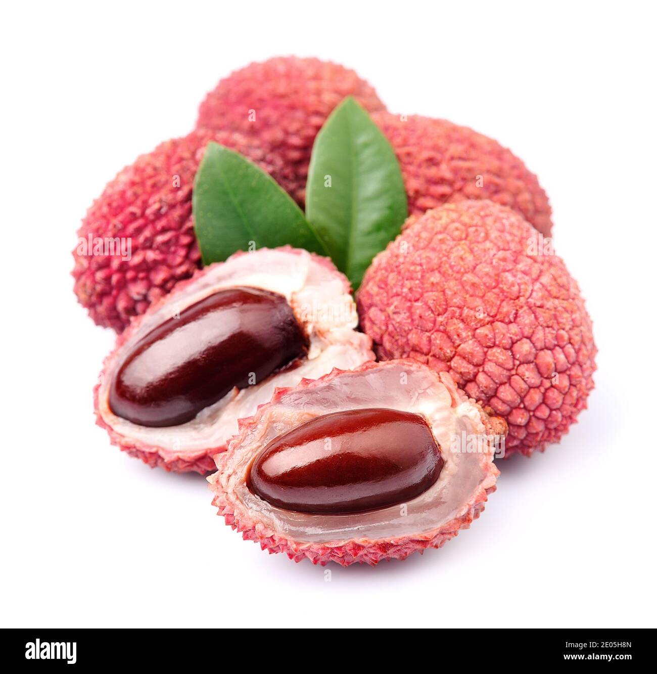 Sweet lychees fruits with leaves close up on white background Stock ...