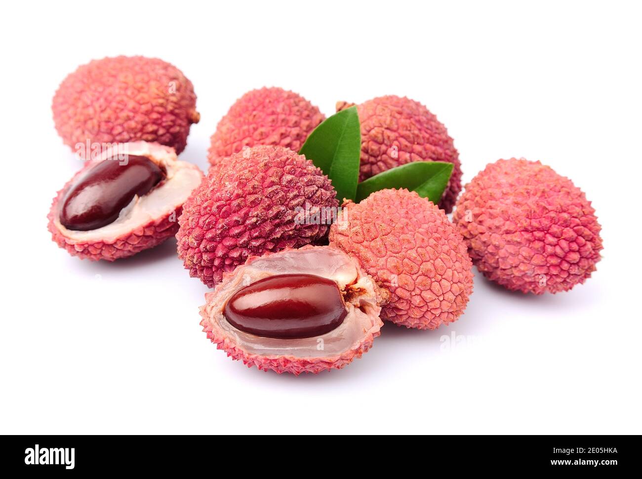 Sweet lychees fruits with leaves close up on white background Stock ...