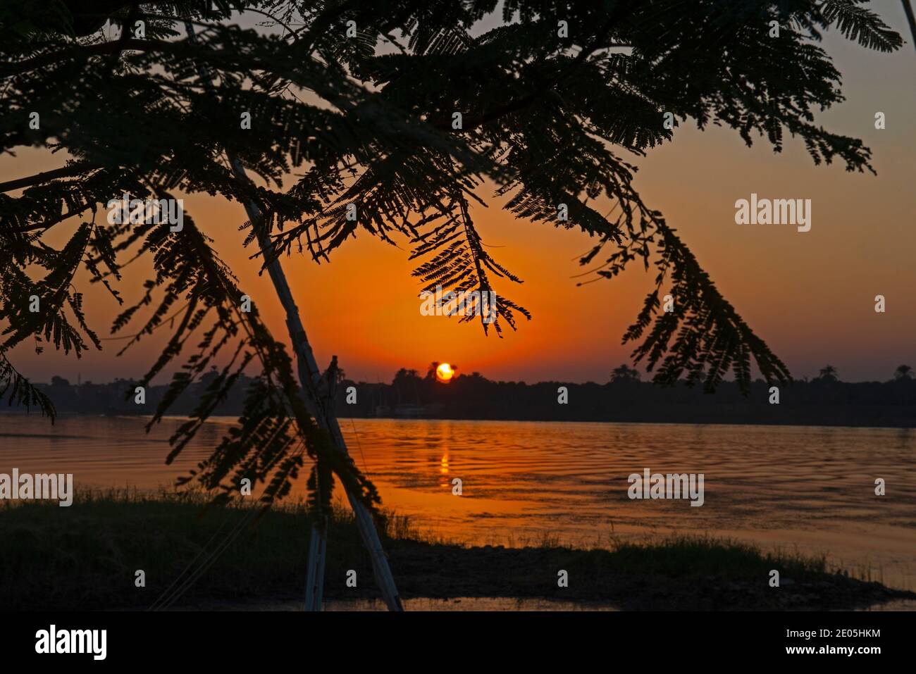 View across large wide river Nile in Egypt through rural countryside ...