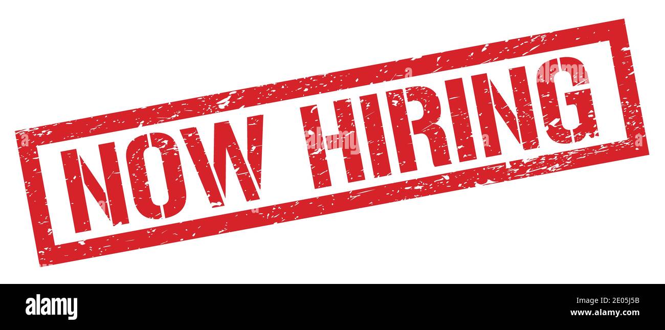 NOW HIRING red grungy rectangle stamp sign Stock Photo - Alamy