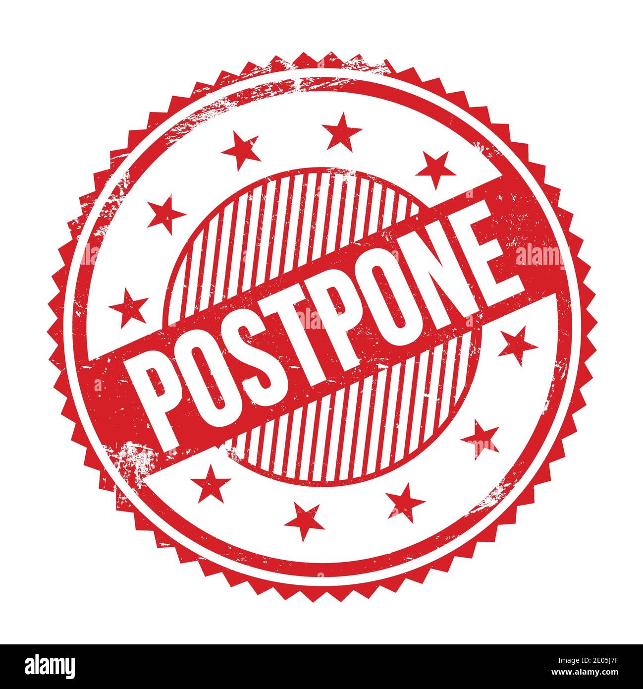 POSTPONE text written on red grungy zig zag borders round stamp Stock Photo - Alamy