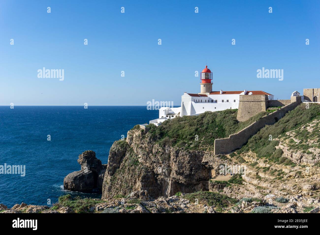 A view of the lighthouse at Cabo da Sao Vicente on the Algarve coast of ...