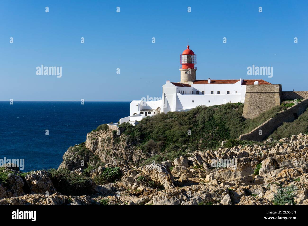 A view of the lighthouse at Cabo da Sao Vicente on the Algarve coast of ...