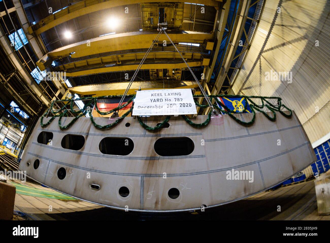 Flensburg, Germany. 30th Dec, 2020. A bottom section of a new RoRo ship ...
