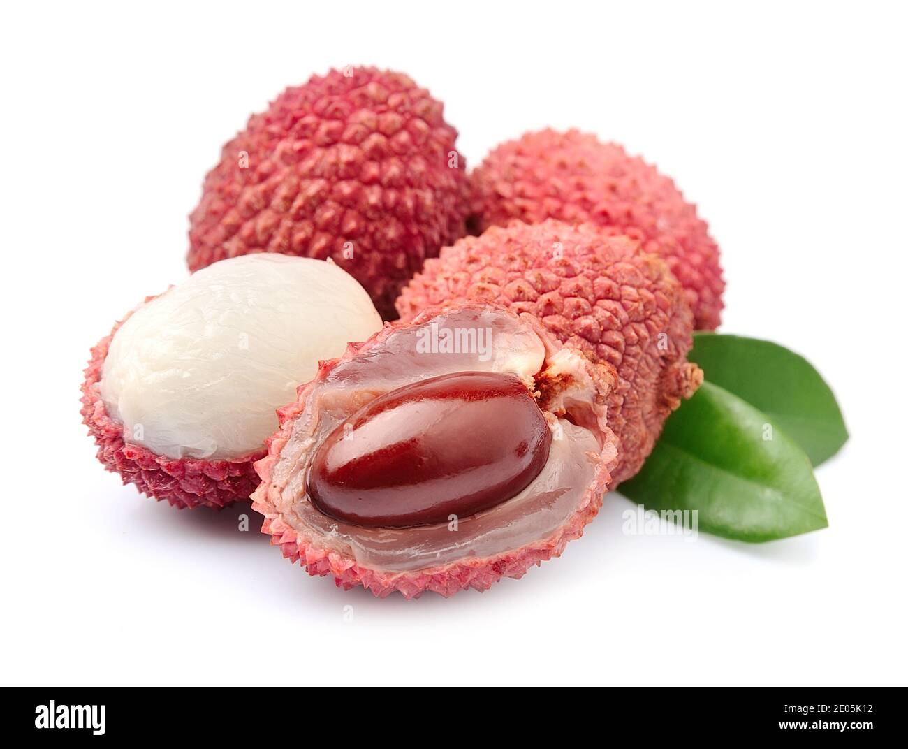 Sweet lychees fruits with leaves close up on white background Stock ...