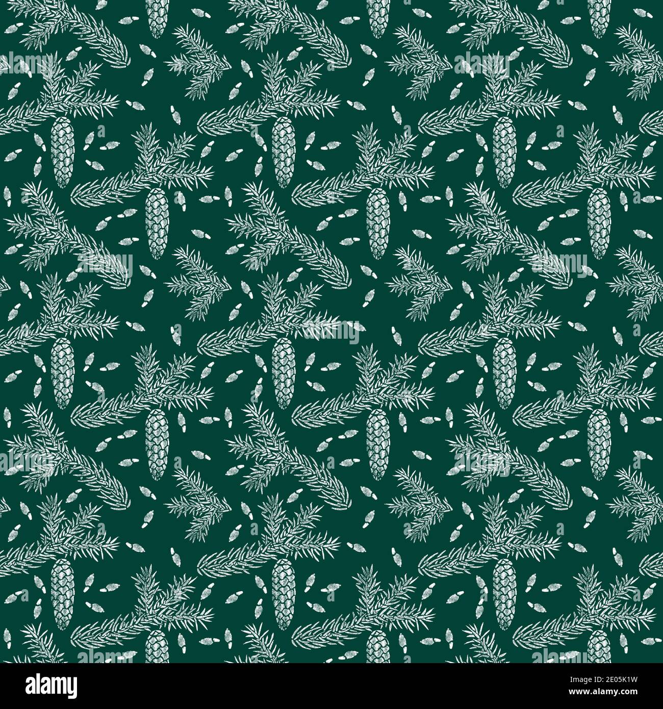 Spruce seamless pattern isolated on green. Picea branch, cone, seed ...
