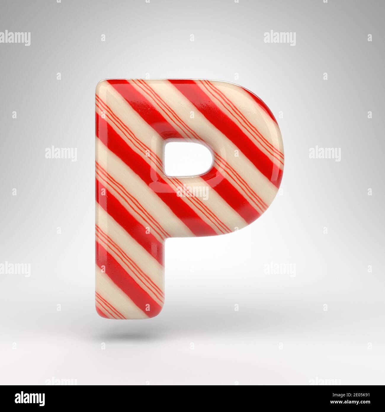 Letter P uppercase on white background. Candy cane 3D rendered font with red and white lines ...