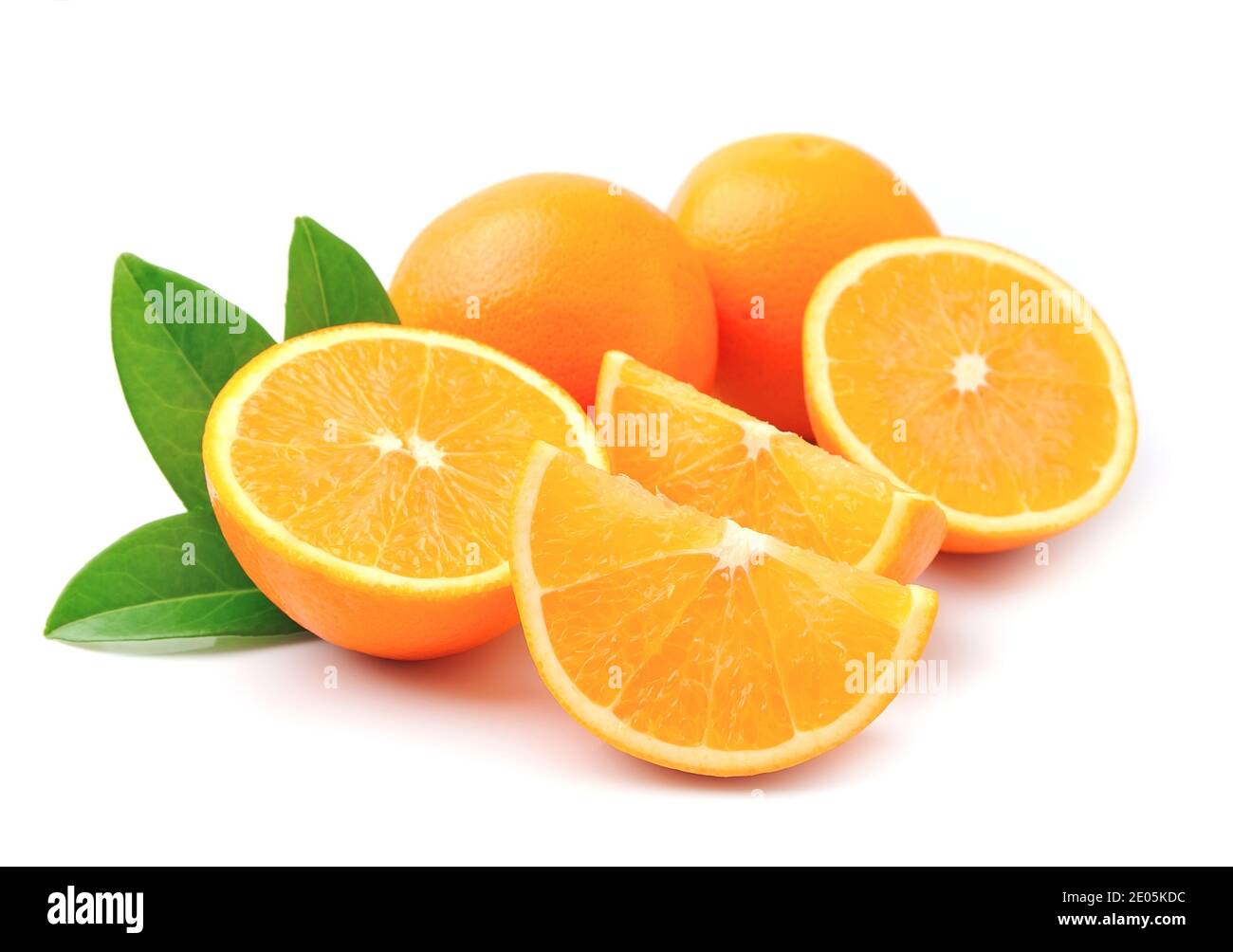 Sweet orange fruit with leaves on white Stock Photo - Alamy