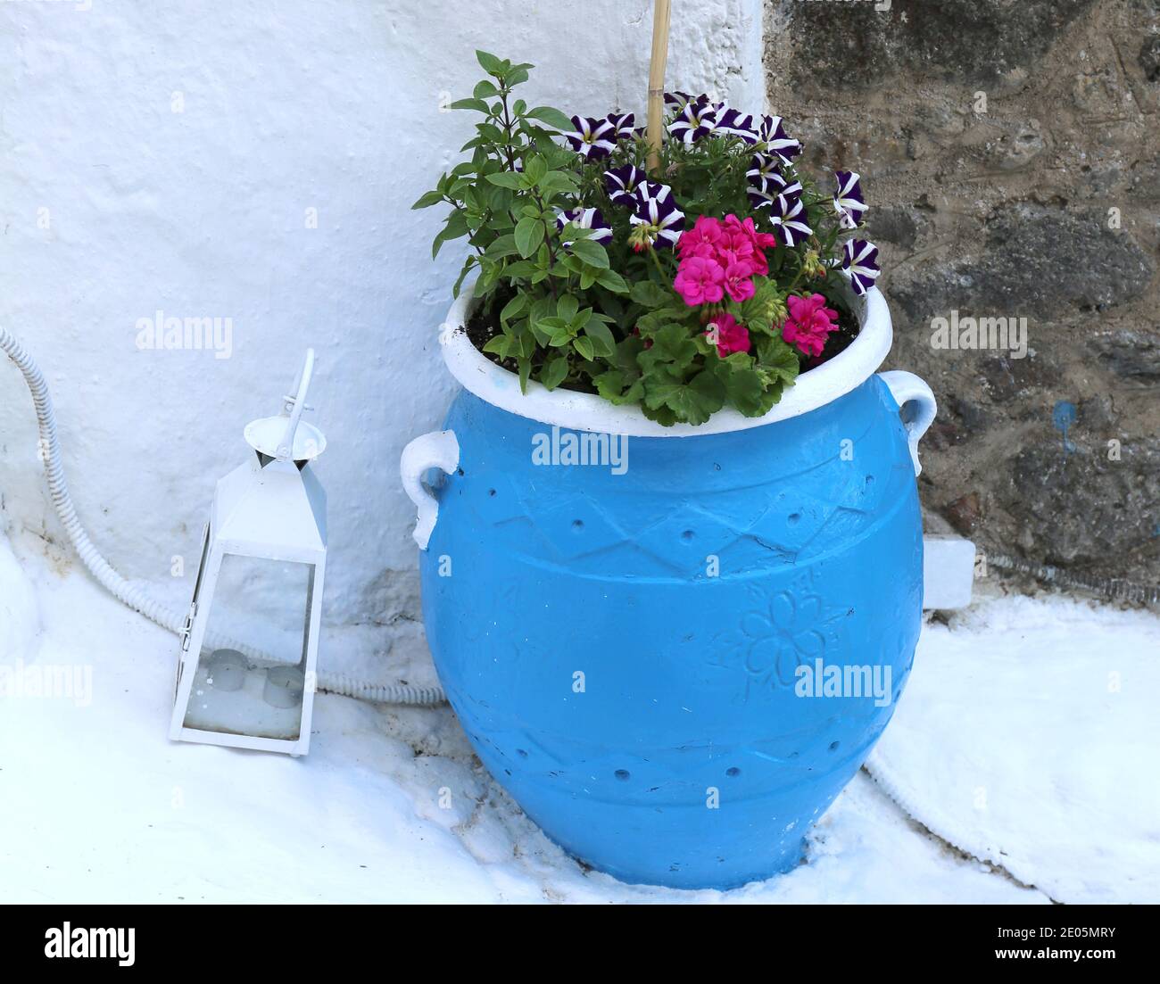 Blue and white Flower Pot with flowers in Kos,Greece Stock Photo - Alamy