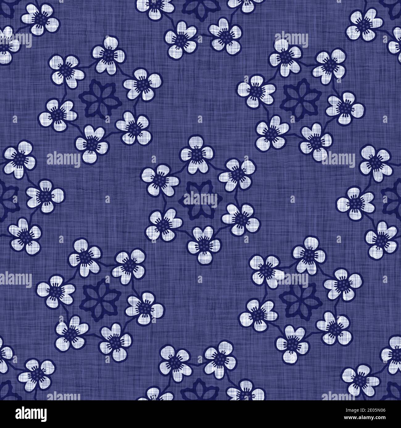 Indigo blue flower block print dyed linen texture background. Seamless ...