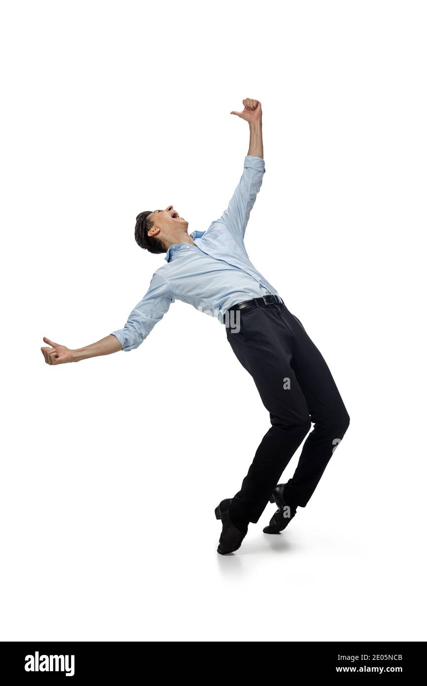 Dance king. Happy young man dancing in casual clothes or suit, remaking ...