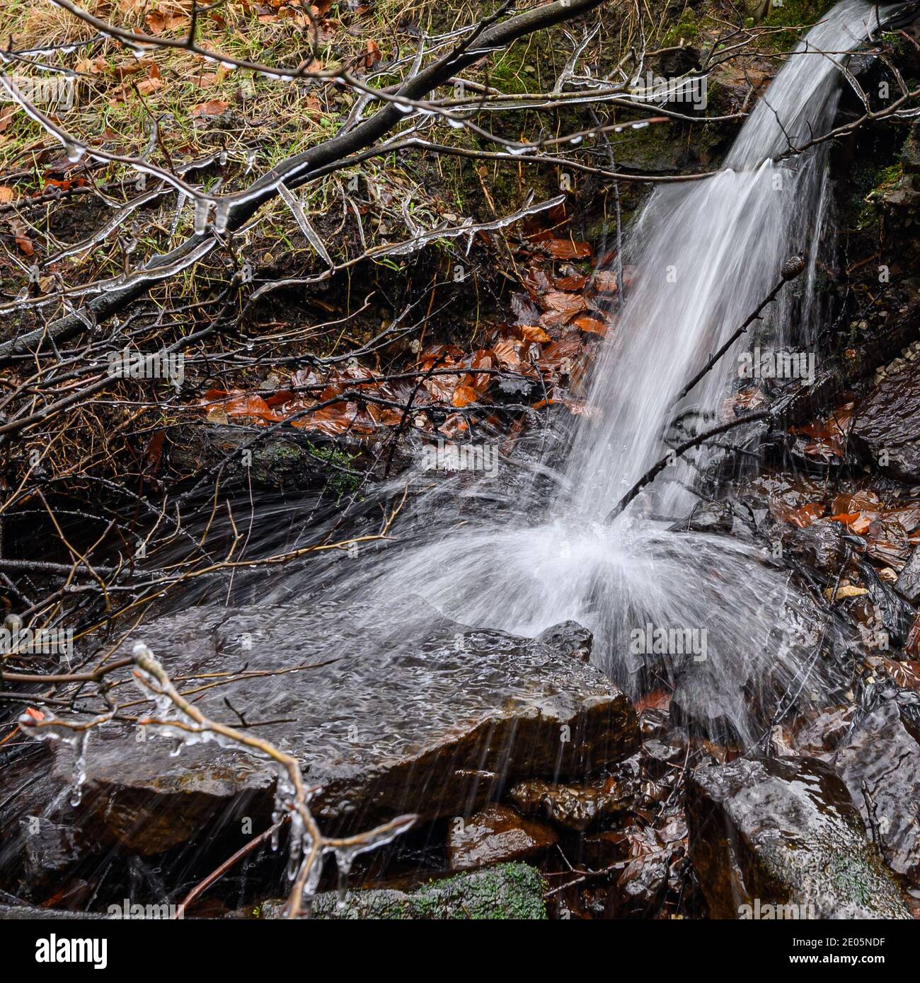 Icicles and stream at Dovestone Reservoir, Oldham, Lancashire Stock ...