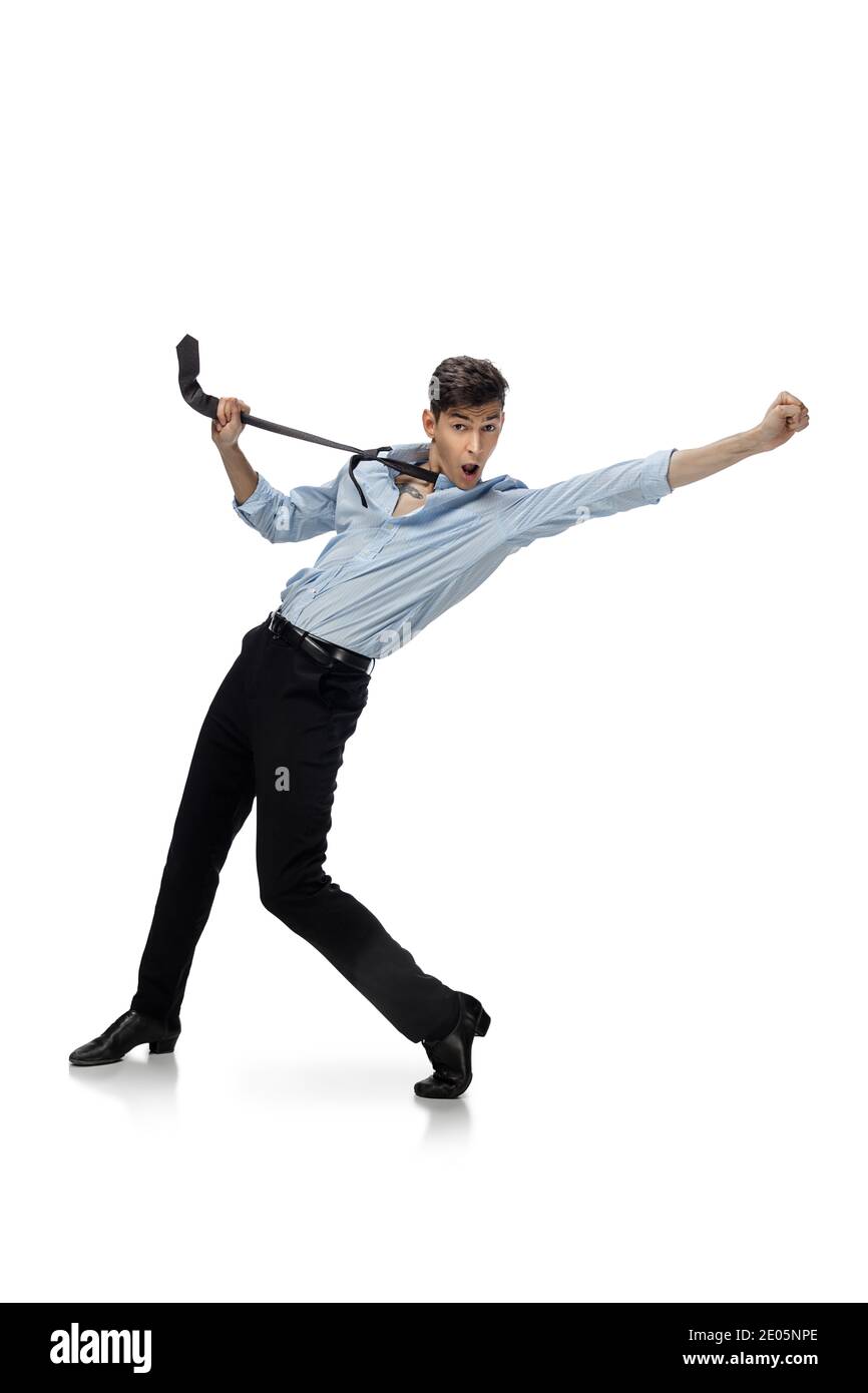 Celebrity. Happy young man dancing in casual clothes or suit, remaking ...