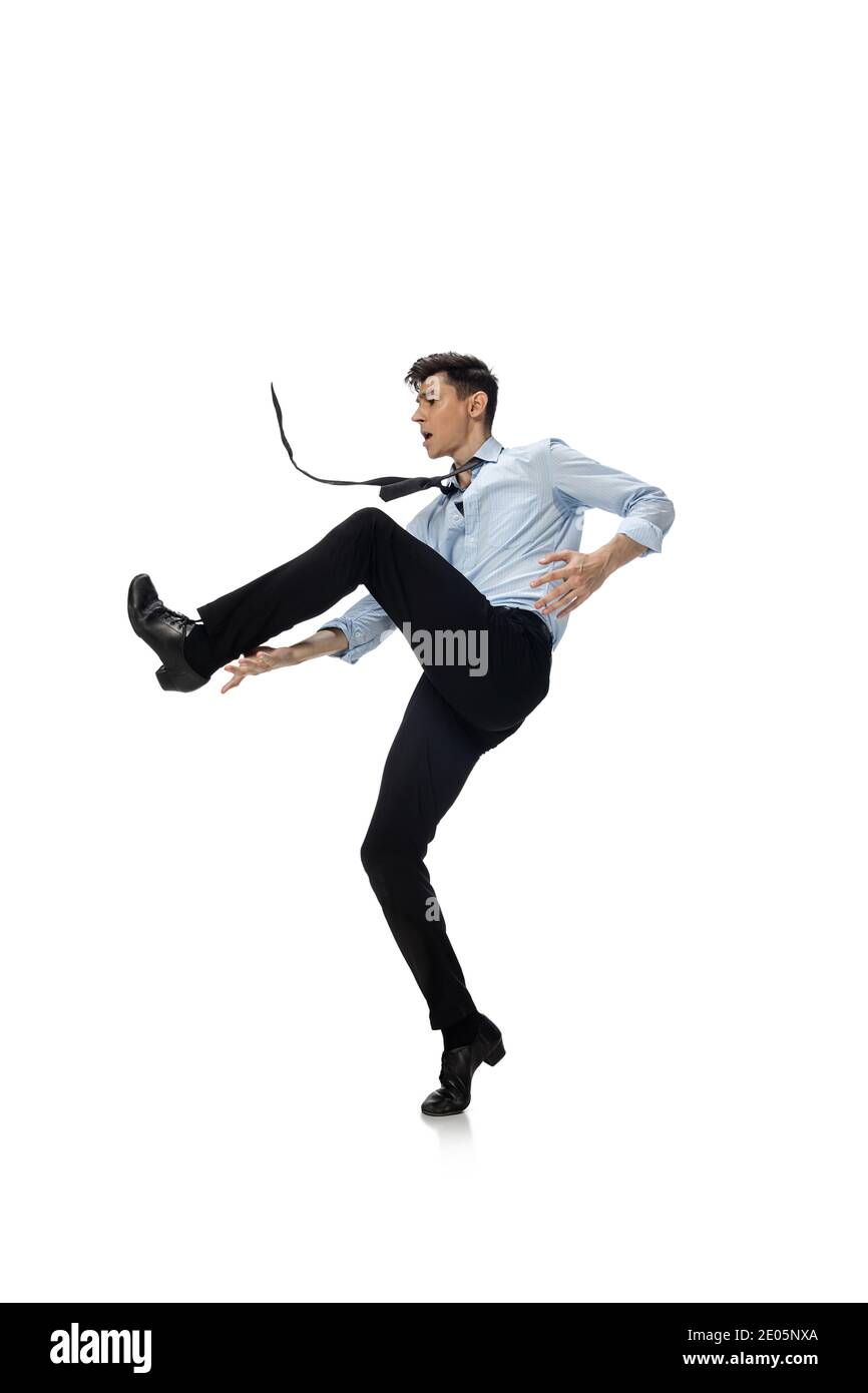 Celebrity. Happy young man dancing in casual clothes or suit, remaking ...