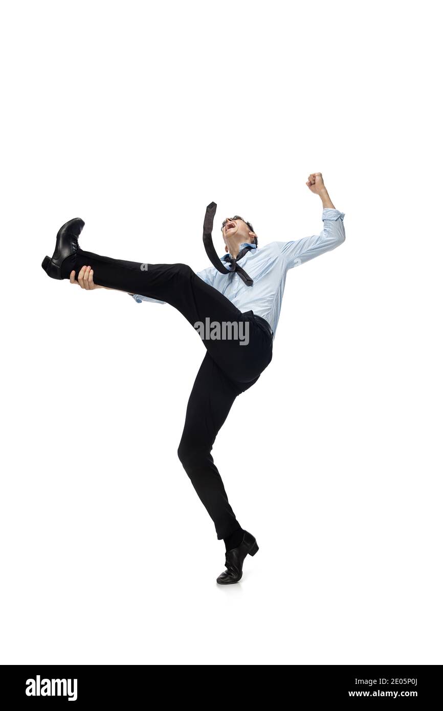 Celebrity. Happy young man dancing in casual clothes or suit, remaking ...