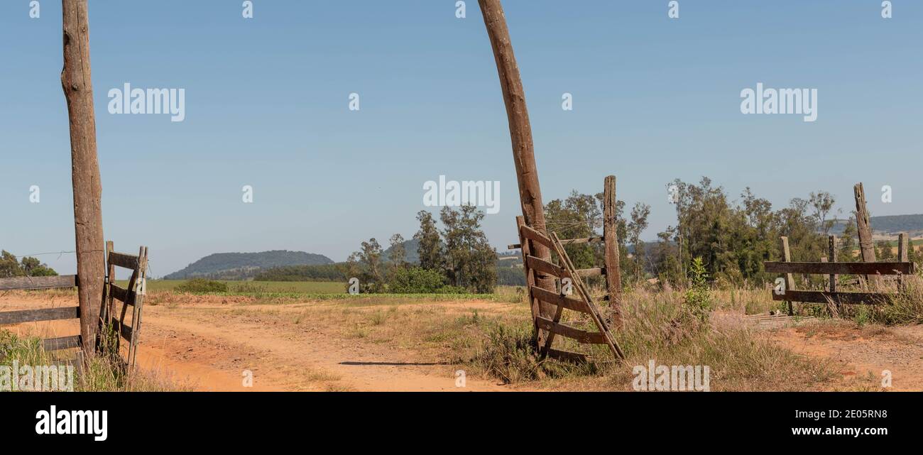Farm entrance in the interior of Brazil. Agricultural production area ...