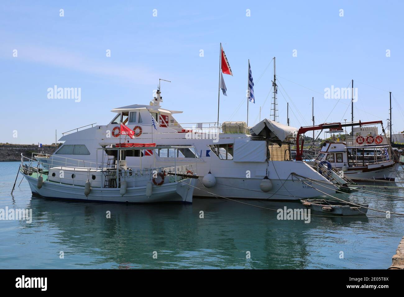 KOS,GREECE-MAY 12:Greek Fishing Boats with flags docked at Kos Port.May ...