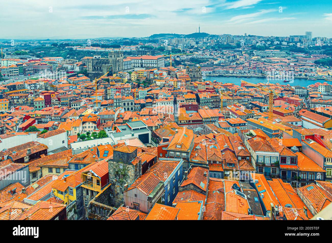 Aerial panoramic view of Porto Oporto city historical centre with red ...