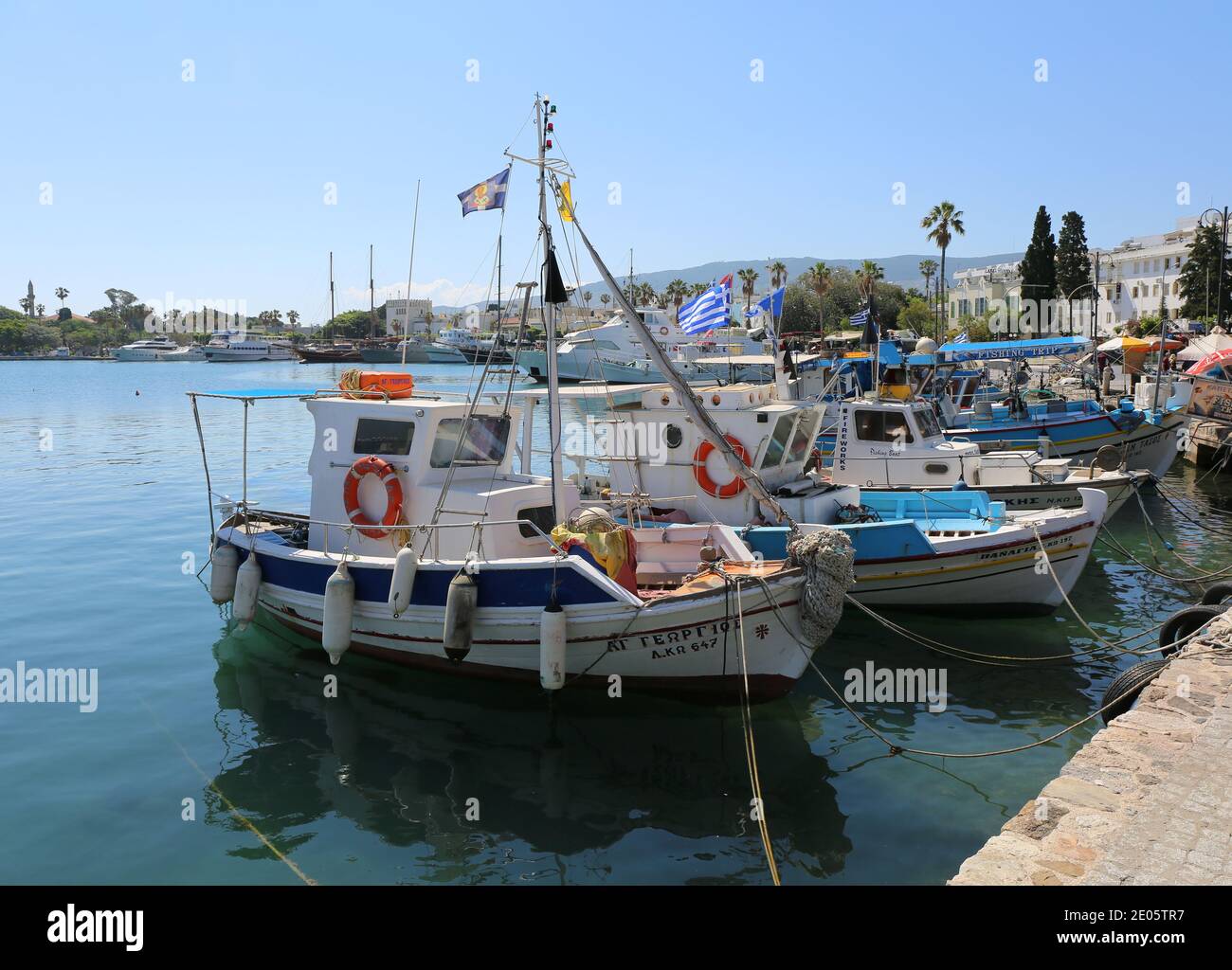 KOS,GREECE-MAY 12:Greek Fishing Boats docked at Kos Port.May 12,2019 in ...