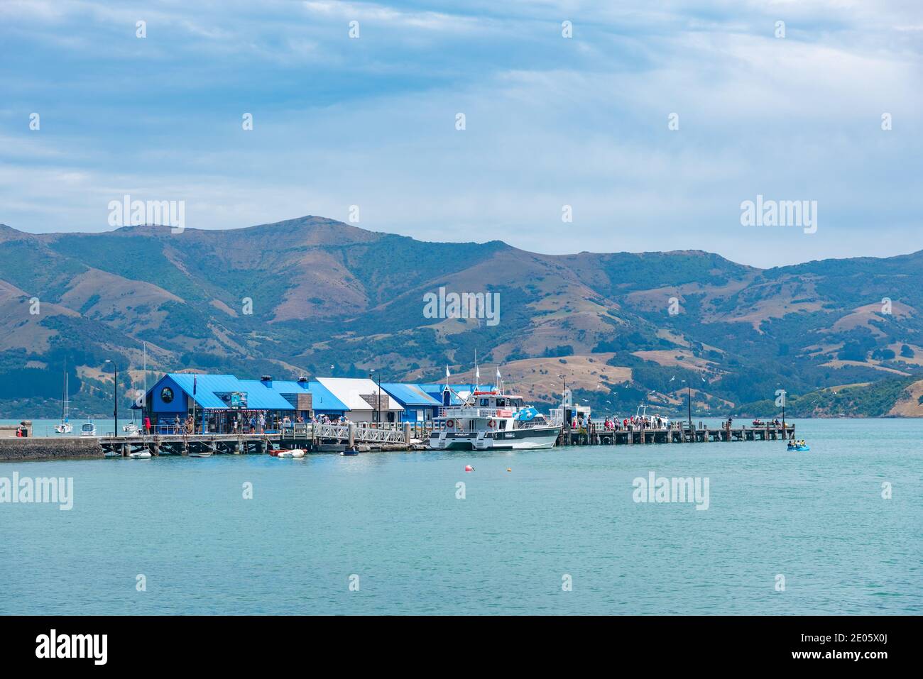 AKAROA, NEW ZEALAND, JANUARY 22, 2020: Wharf at Akaroa, New Zealand ...