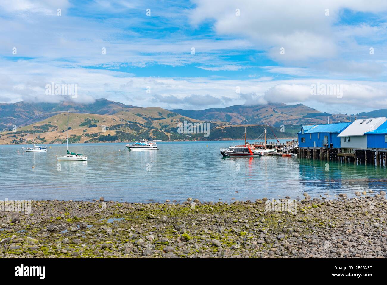 AKAROA, NEW ZEALAND, JANUARY 22, 2020: Wharf at Akaroa, New Zealand ...