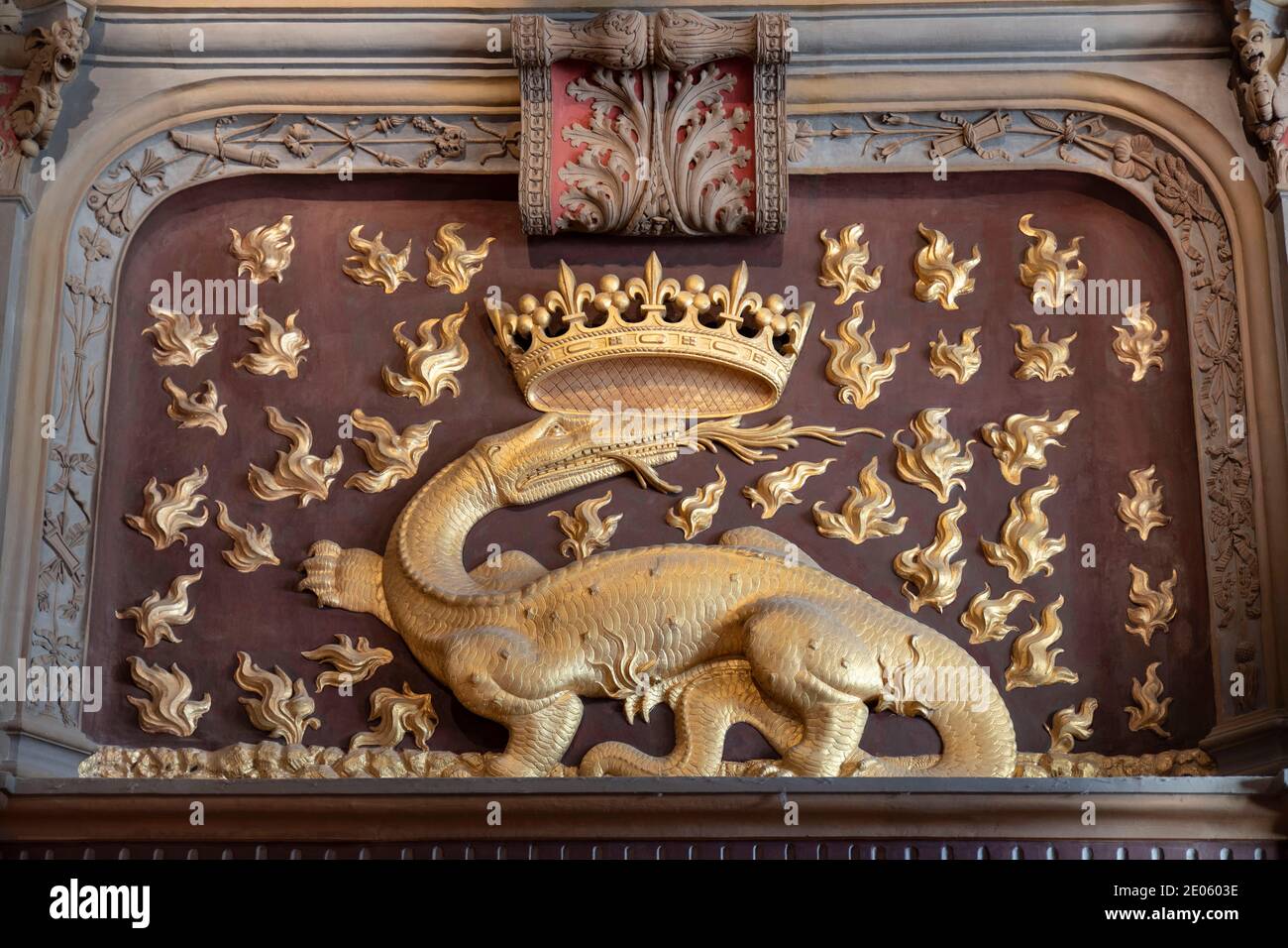 Gilded sculpture of a salamander emblem of the King of France Francis I ...