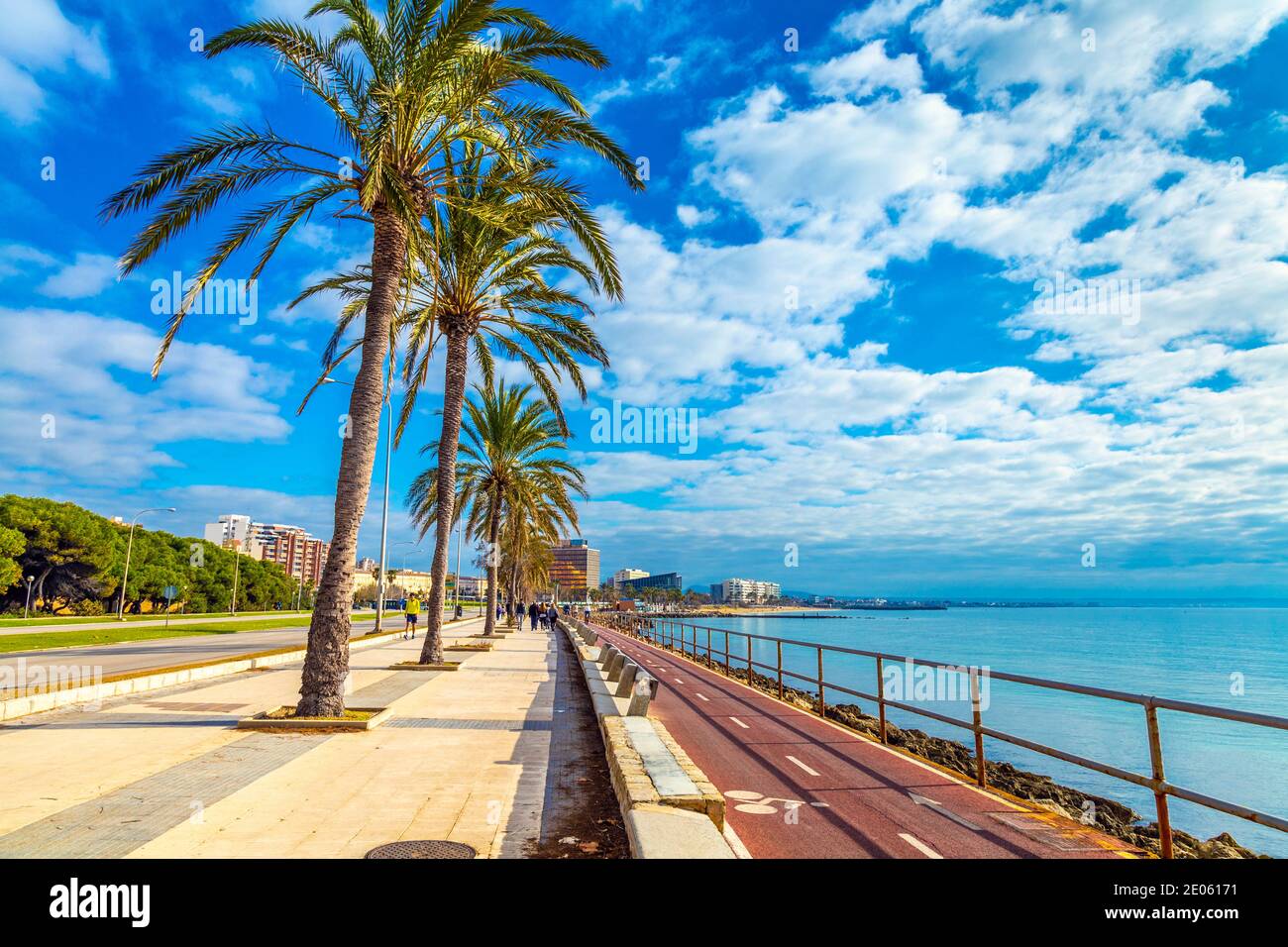 Cycling highway along the Paseo Maritimo coast seaside promenade in ...