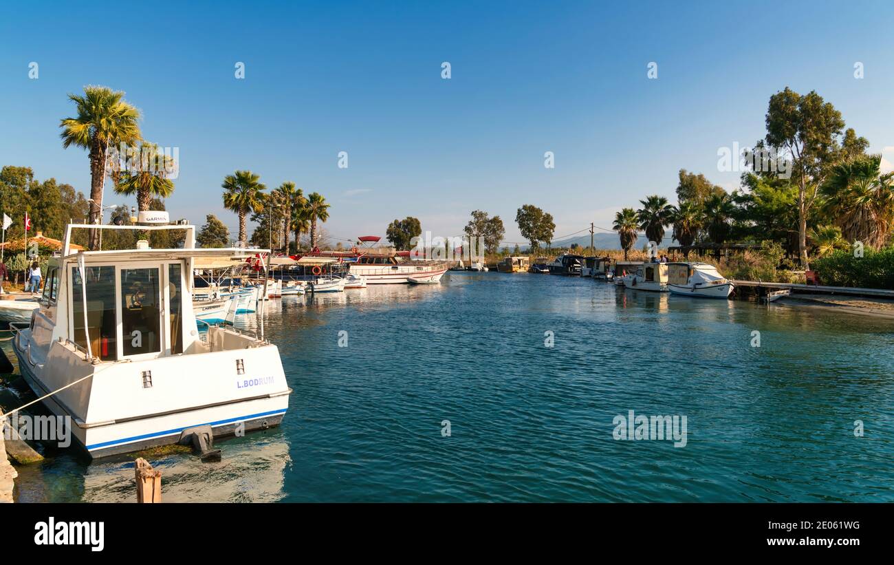 Marmaris, Akyaka, Turkey - November 2020: Boats with a view of Azmak ...