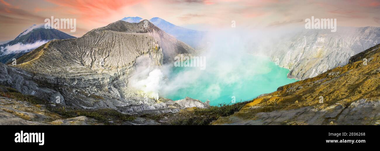 View from above, stunning panoramic view of the Ijen volcano with the ...