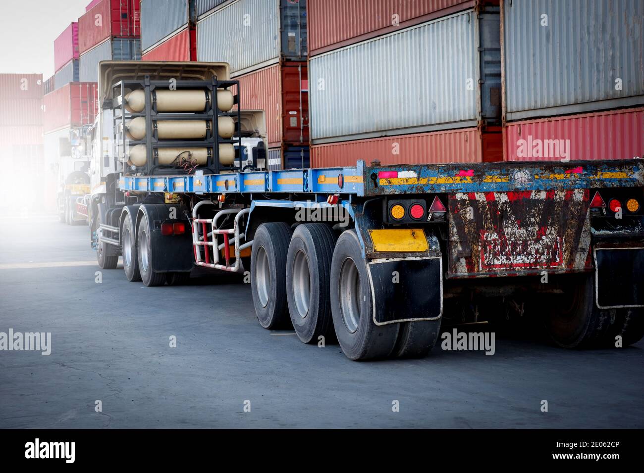 Transport view with import and export trucks Stock Photo - Alamy