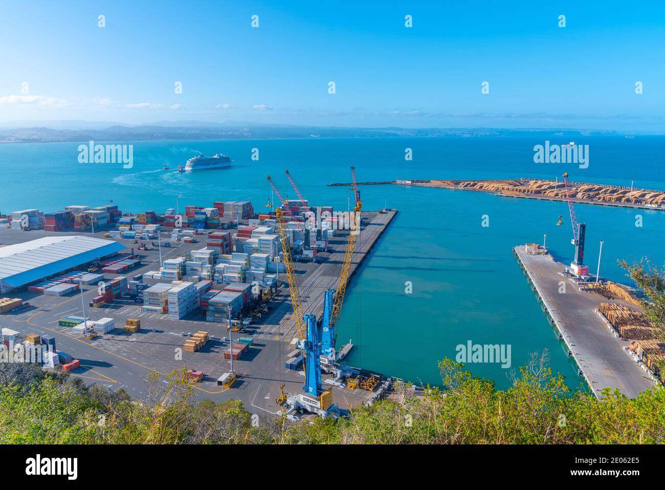 NAPIER, NEW ZEALAND, FEBRUARY 10, 2020: Aerial view of port of Napier ...