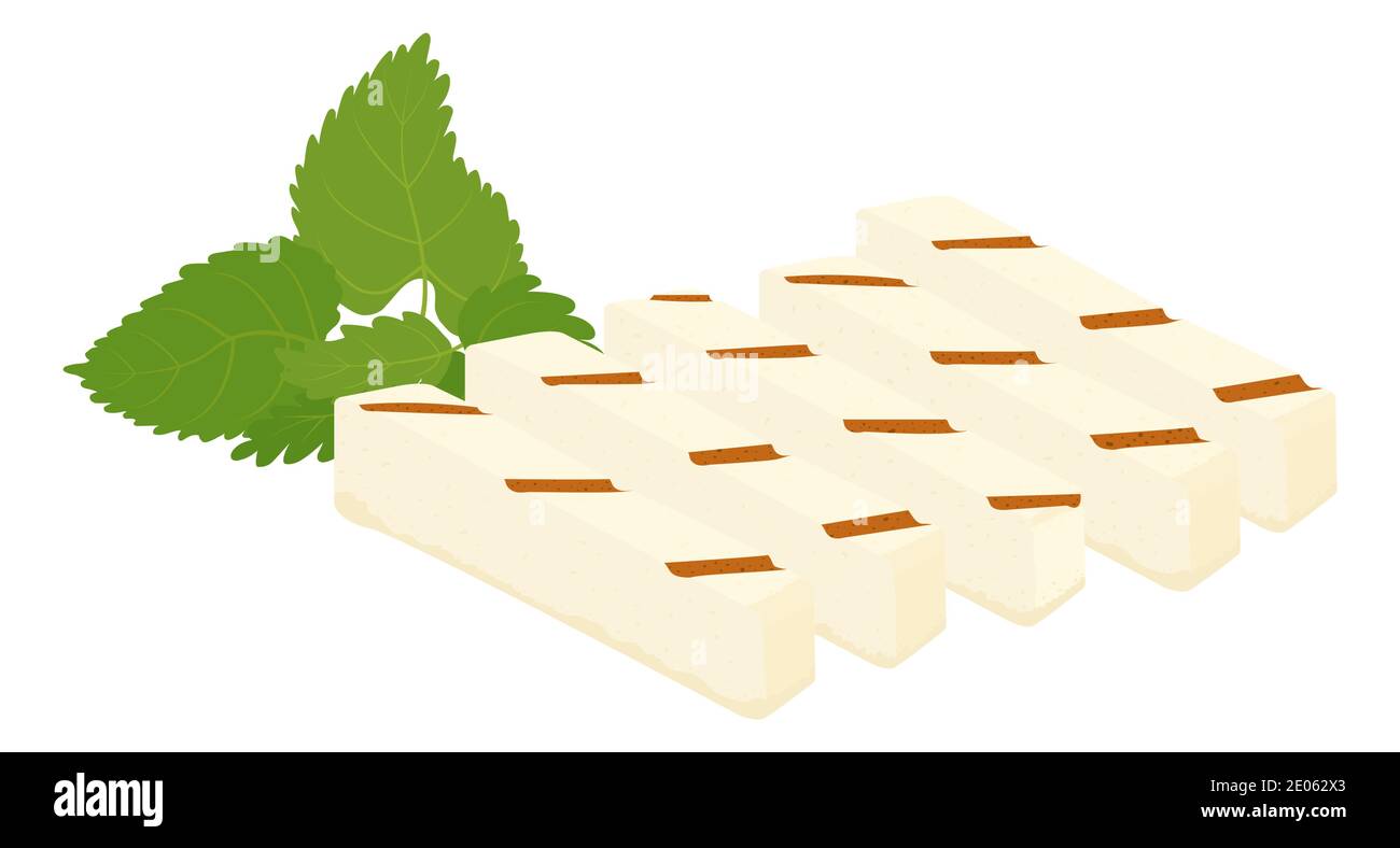 Halloumi grilled cheese and mint cartoon icon. Vector illustration of ...