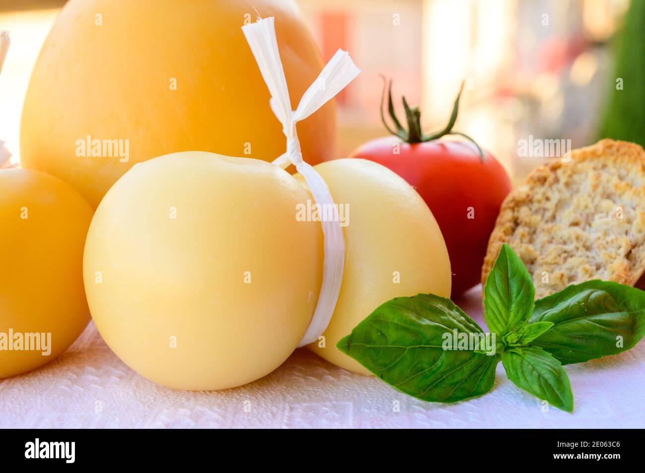 Cheese collection, Italian cheeses provolone, caciocavallo, scamorza ...