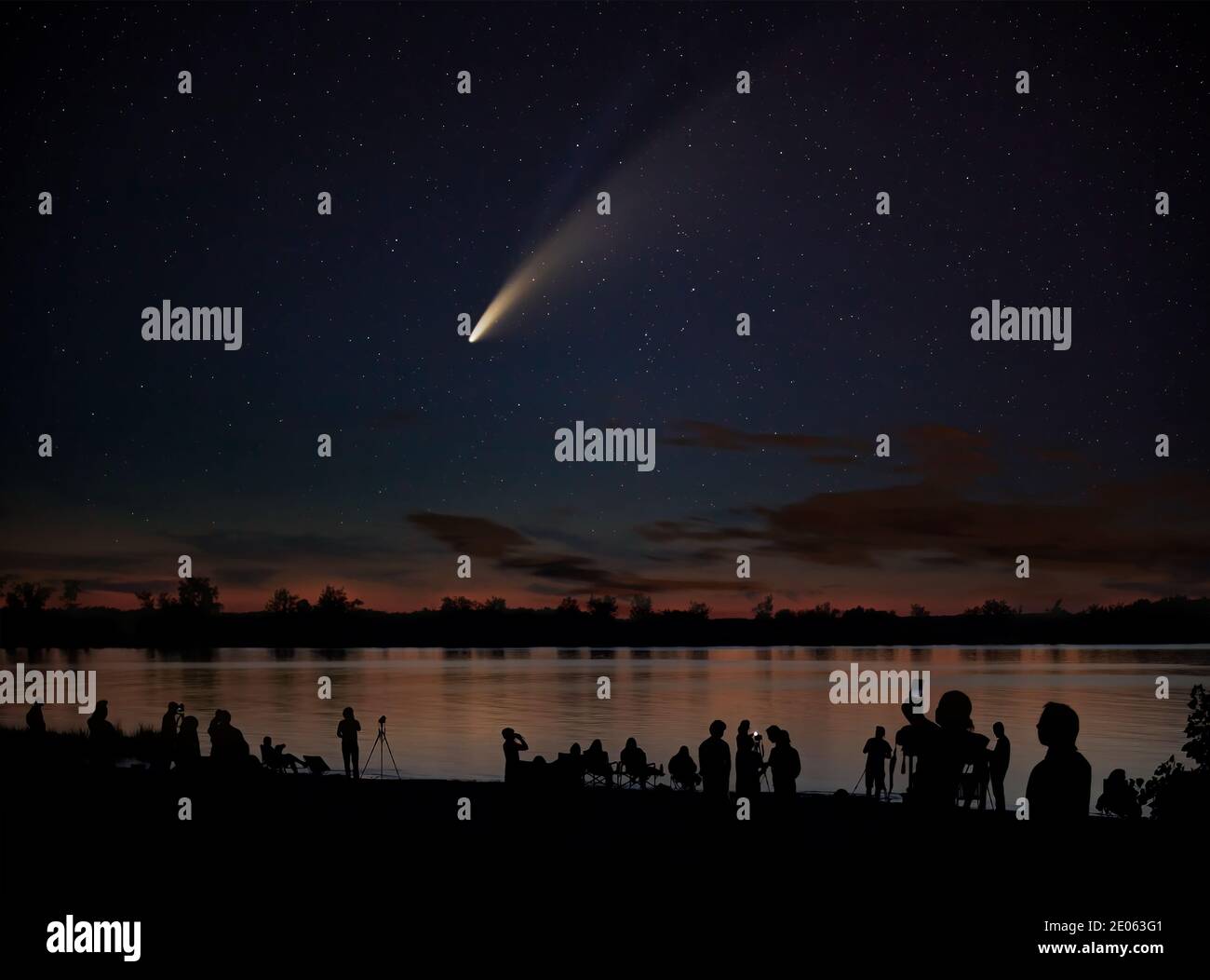 Comet Neowise and crowd of people silhouetted by the Ottawa river ...