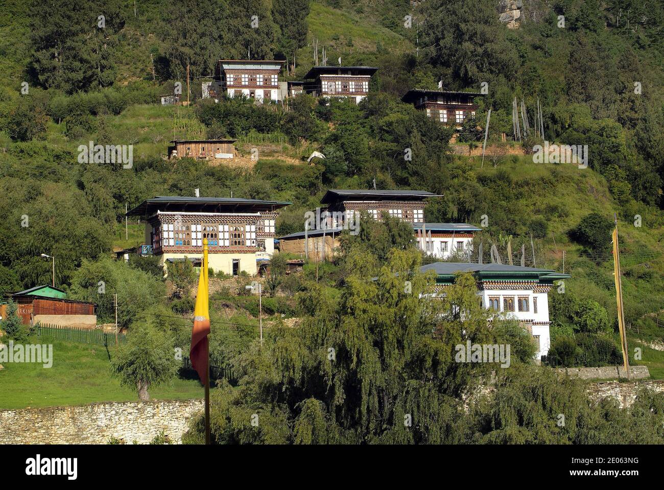 Bhutan, homes in traditional architectureand Bhutan flag in Paro ...