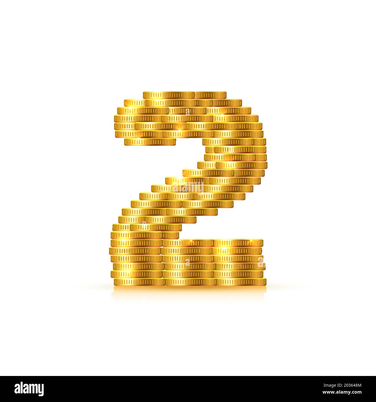 Vector font style made of golden coins. Coin numbers. Number 2. Two ...