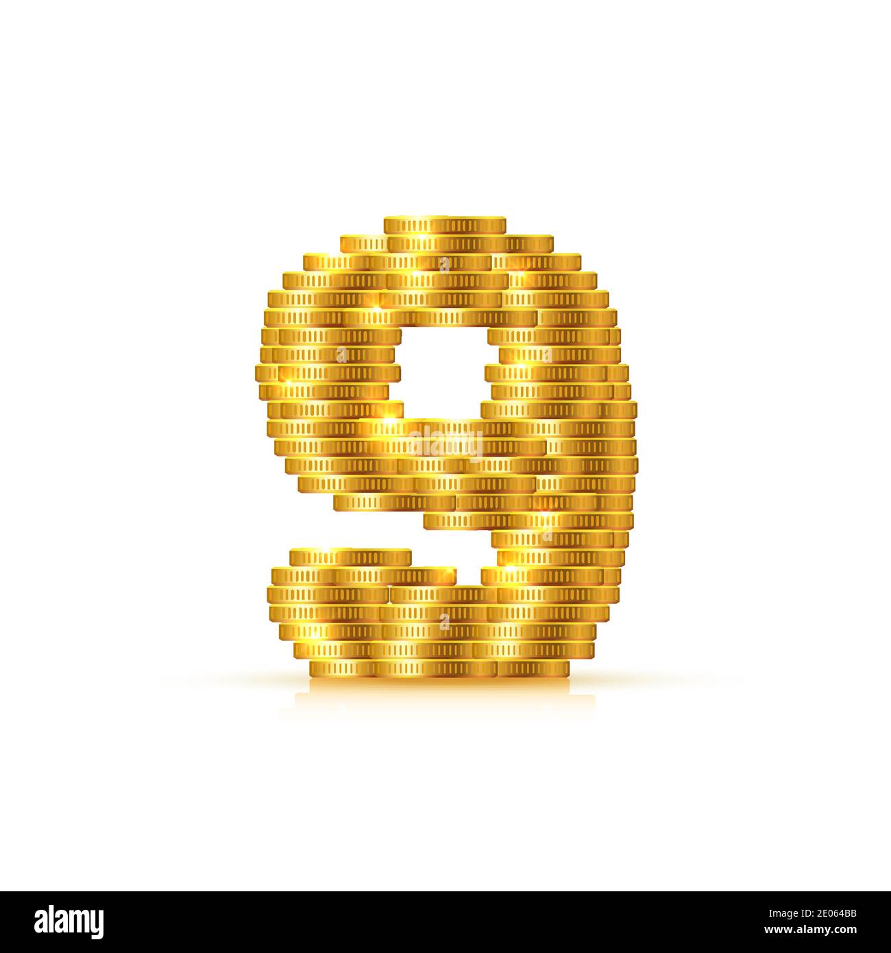 Vector font style made of golden coins. Coin numbers. Number 9. Nine ...