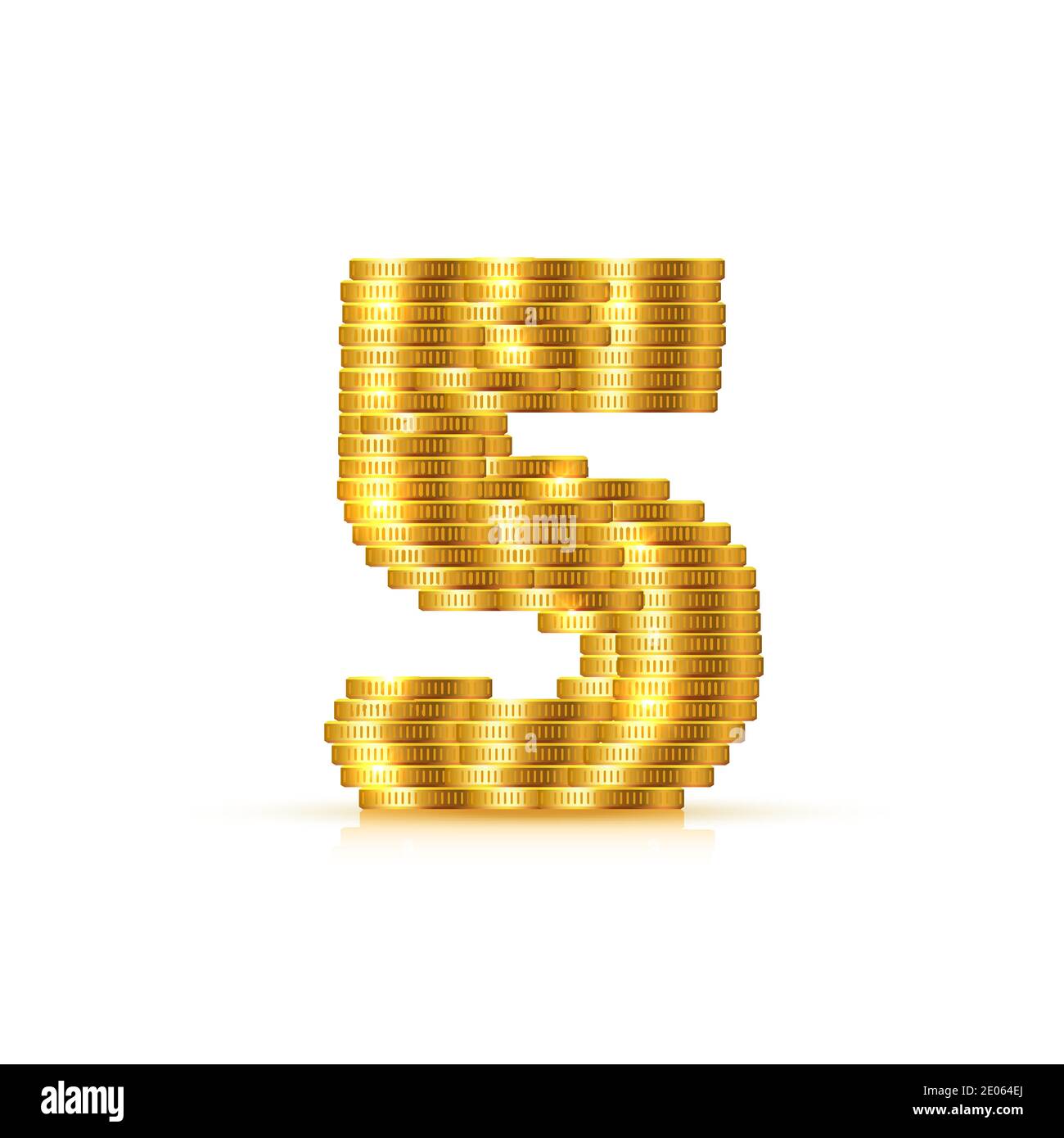 Vector font style made of golden coins. Coin numbers. Number 5. Five ...