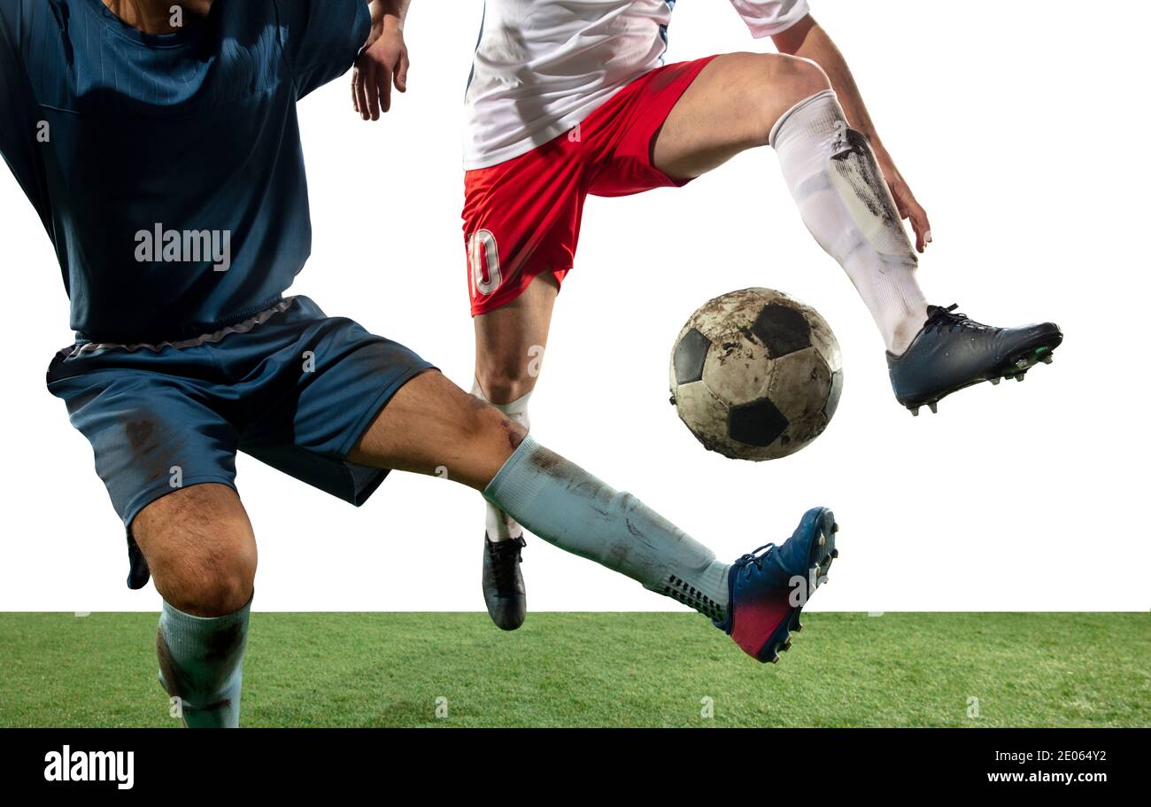 Attack. Close up legs of professional soccer, football players fighting ...