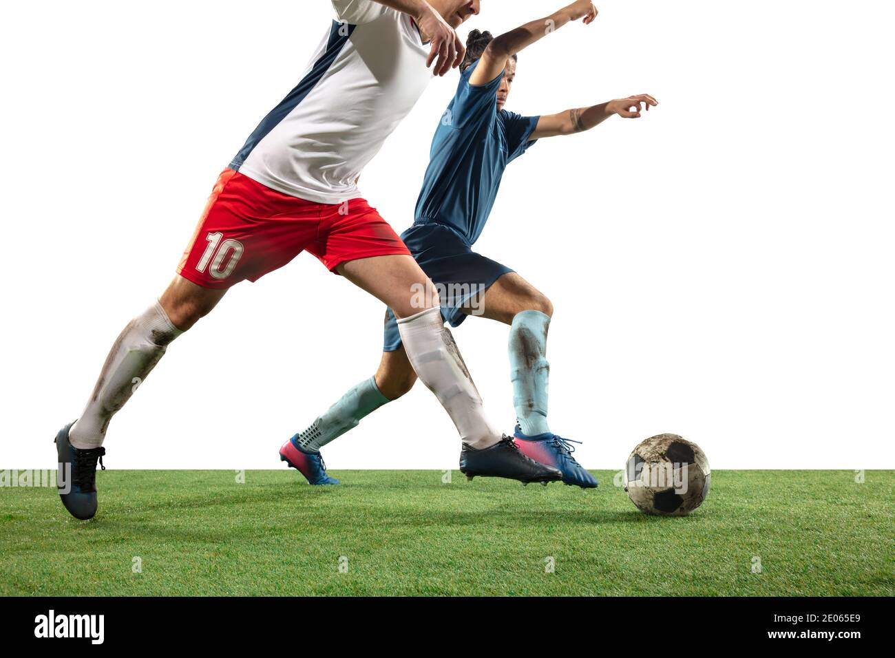 Fighting. Close up legs of professional soccer, football players ...