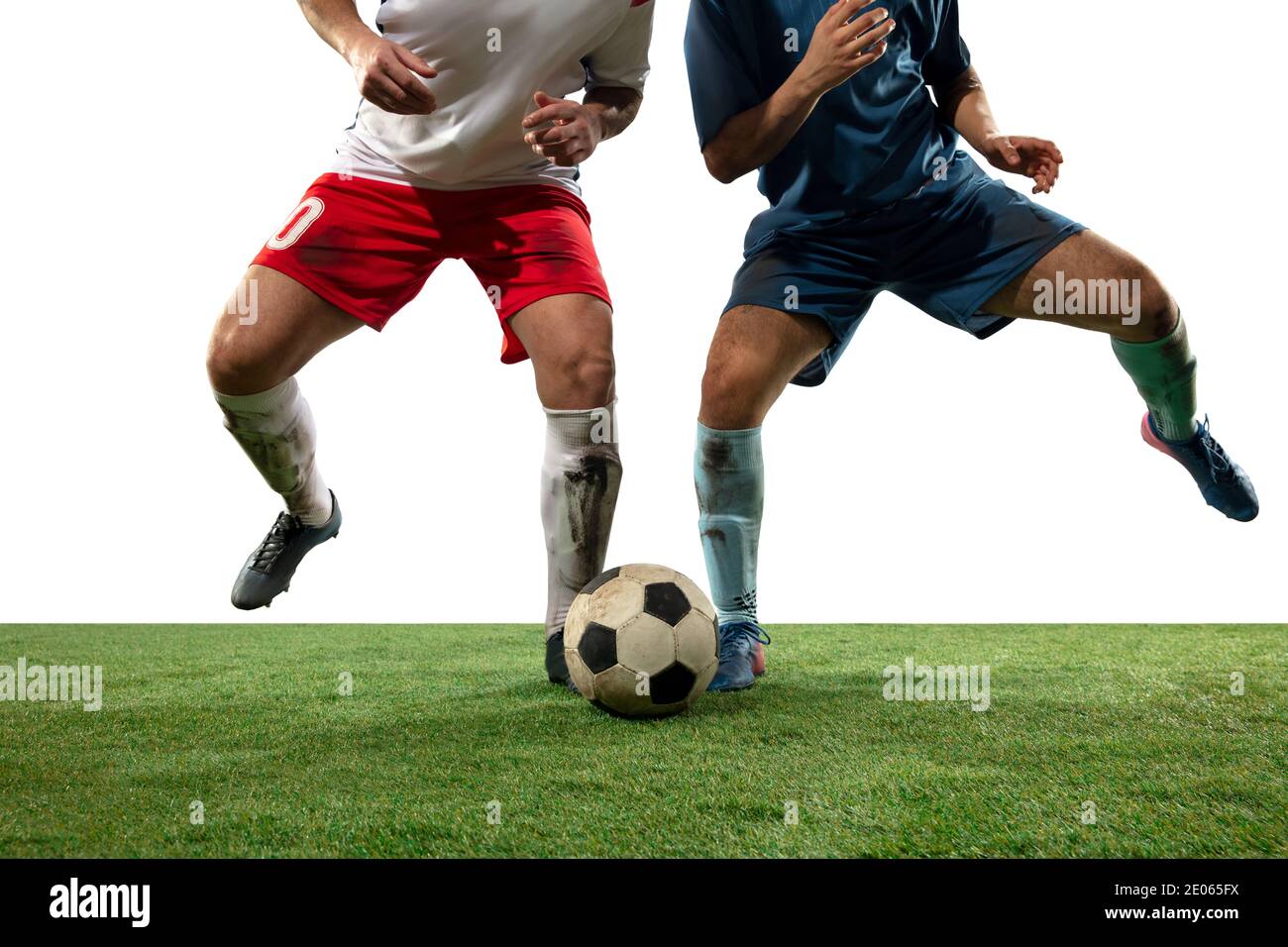 Fighting. Close up legs of professional soccer, football players ...
