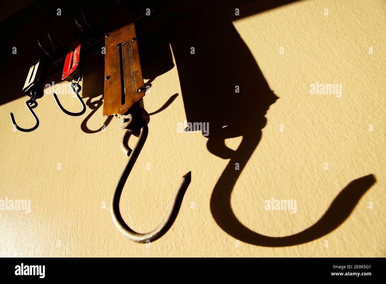 Three spring balances for measuring weights of items hung from the ...