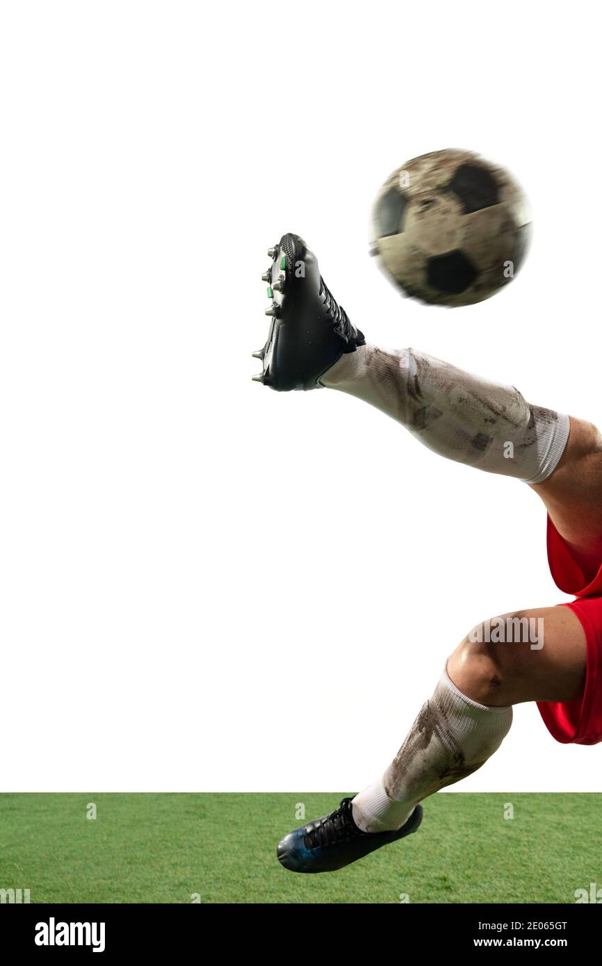 Falling. Close up legs of professional soccer, football player fighting ...
