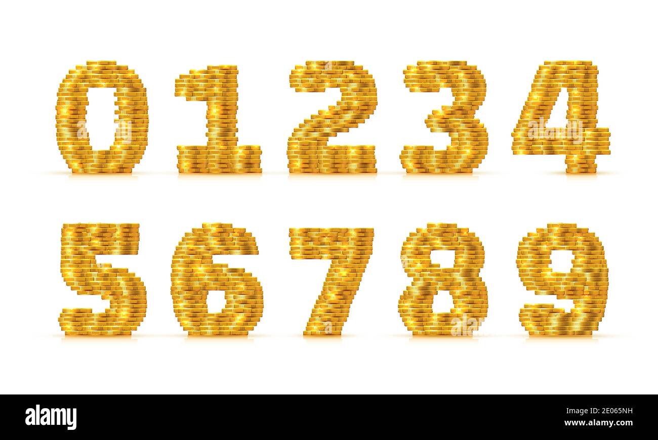 Vector font style made of golden coins. Coin numbers. Number set ...