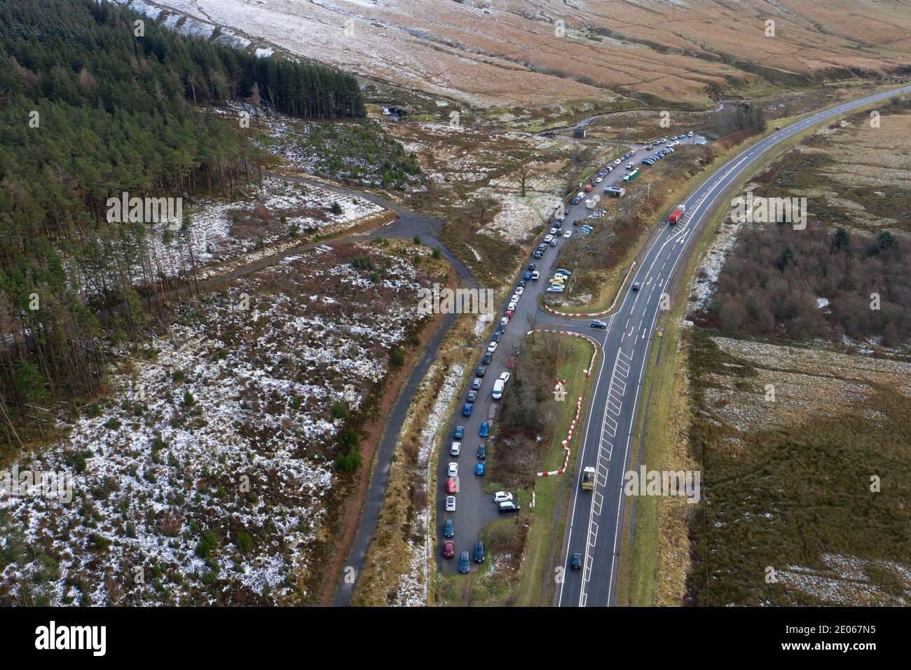 BRECON, WALES - DECEMBER 30: Aerial view of cars parked at the base of ...