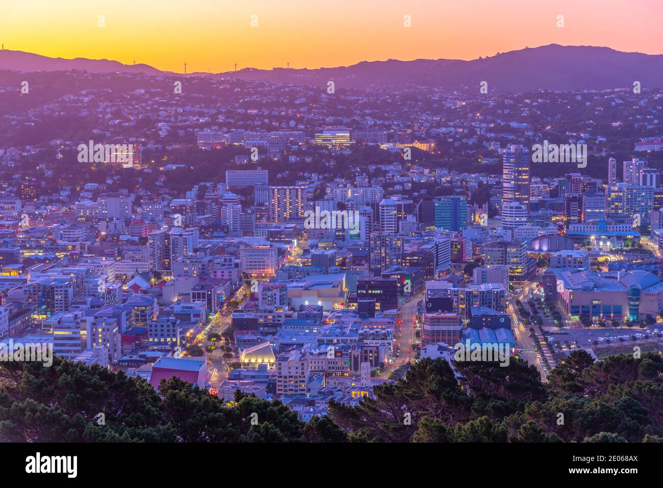 WELLINGTON, NEW ZEALAND, FEBRUARY 9, 2020: Sunset aerial view of ...