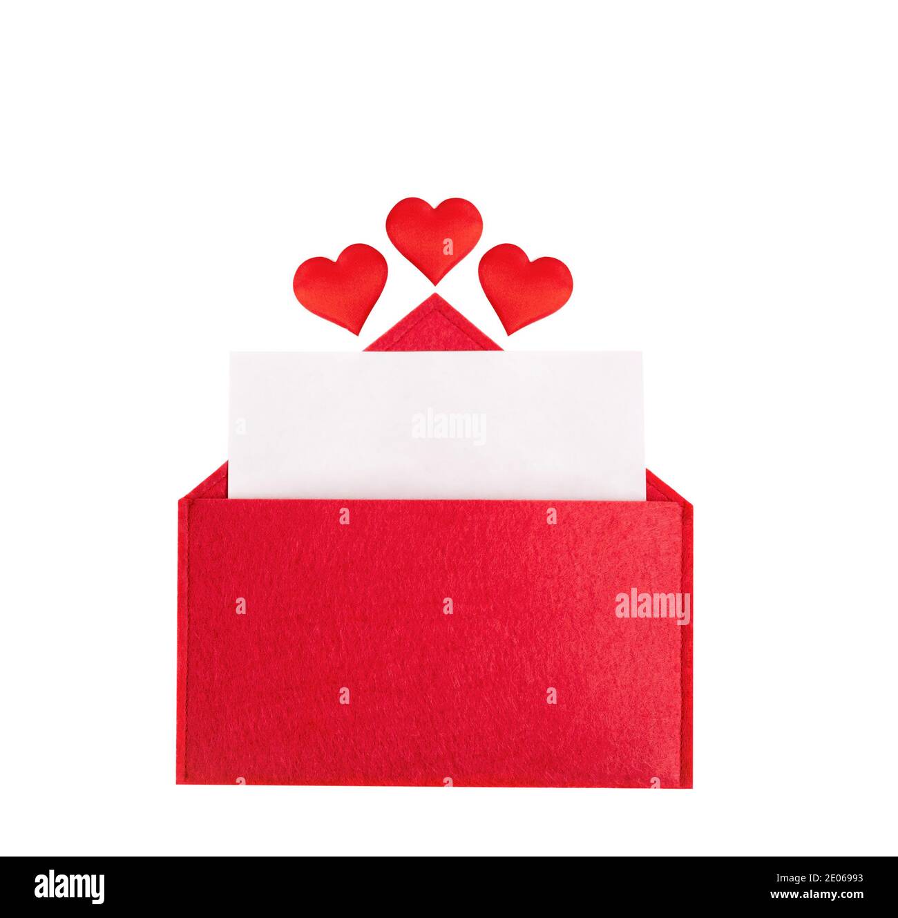 Red open envelope with a sheet of paper with a hearts on a isolated ...