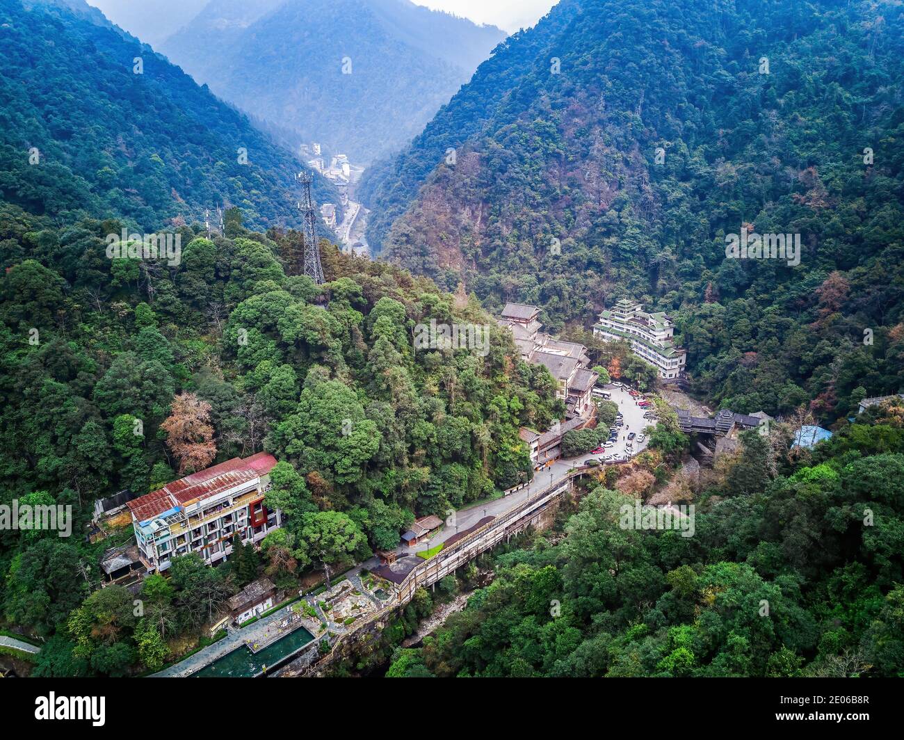 Aerial photography of forest mountain stream buildings in Longsheng ...